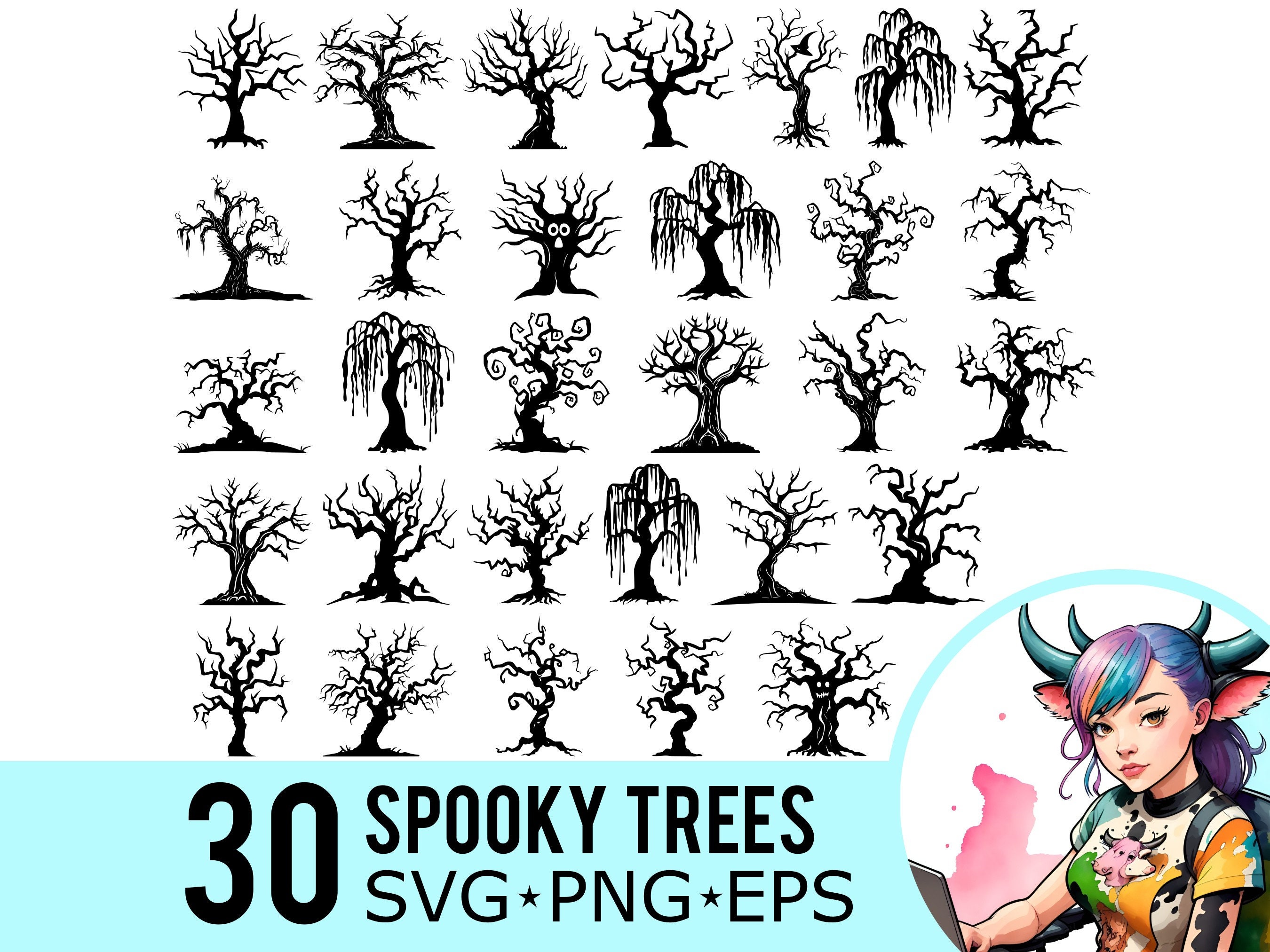 Spooky Tree SVG PNG EPS Clipart, Halloween Trees Silhouette, Dead Bare ...
