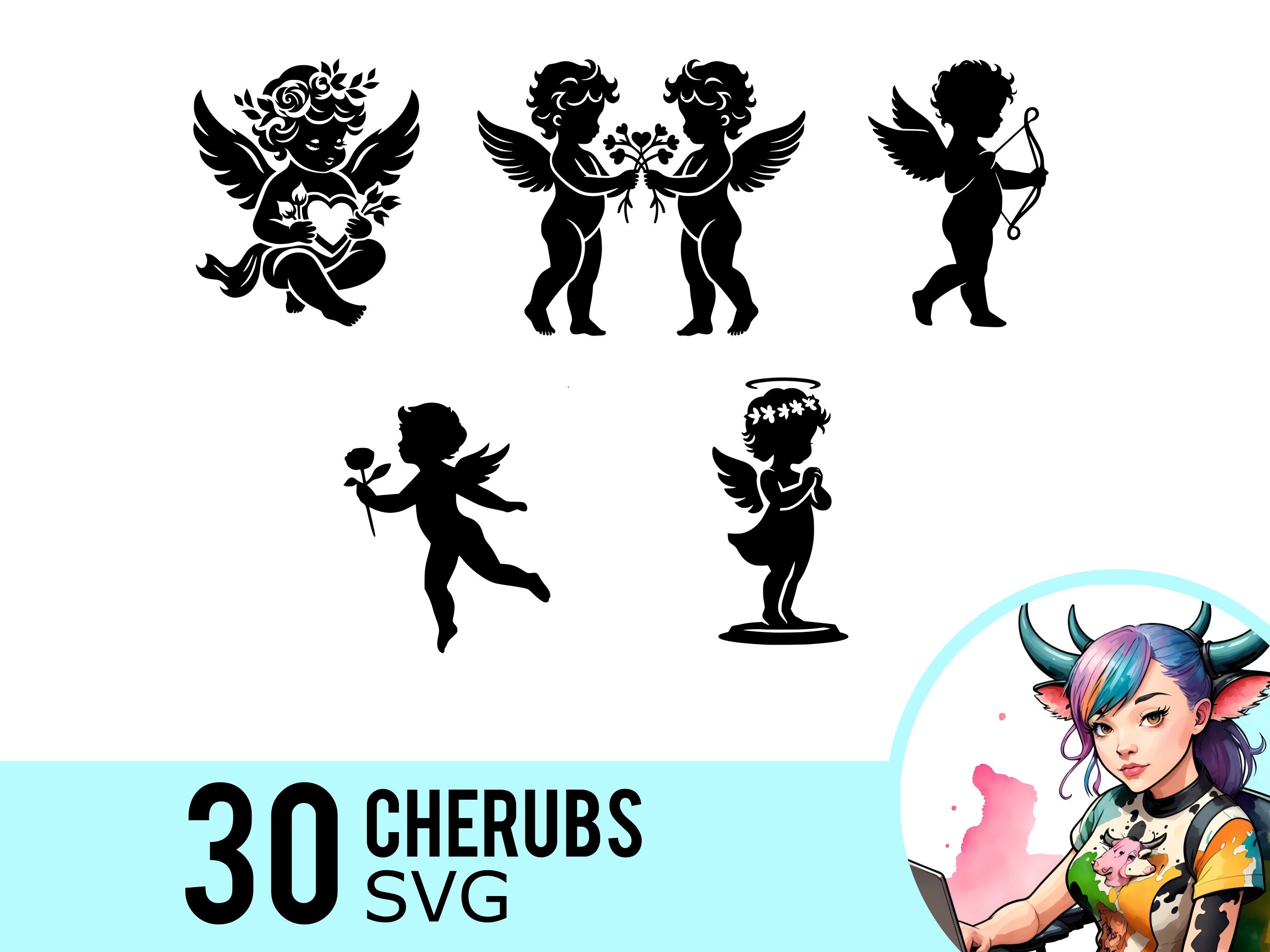 Cherub SVG Clipart: Cupid Silhouette, Angel Cut Files (30 Bundle ...