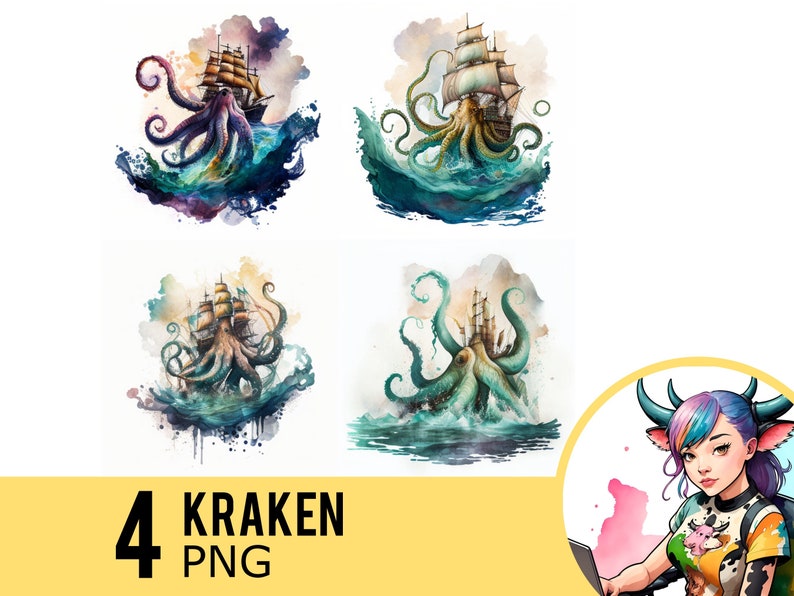 Kraken Watercolor PNG Clipart Kraken Portrait Watercolour - Etsy