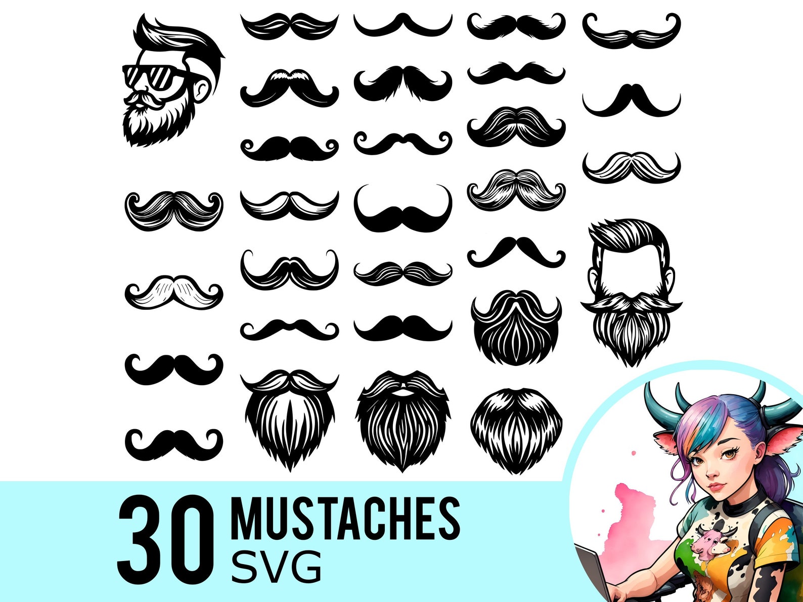 Mustache SVG Clipart Moustache Silhouette Beard Template - Etsy