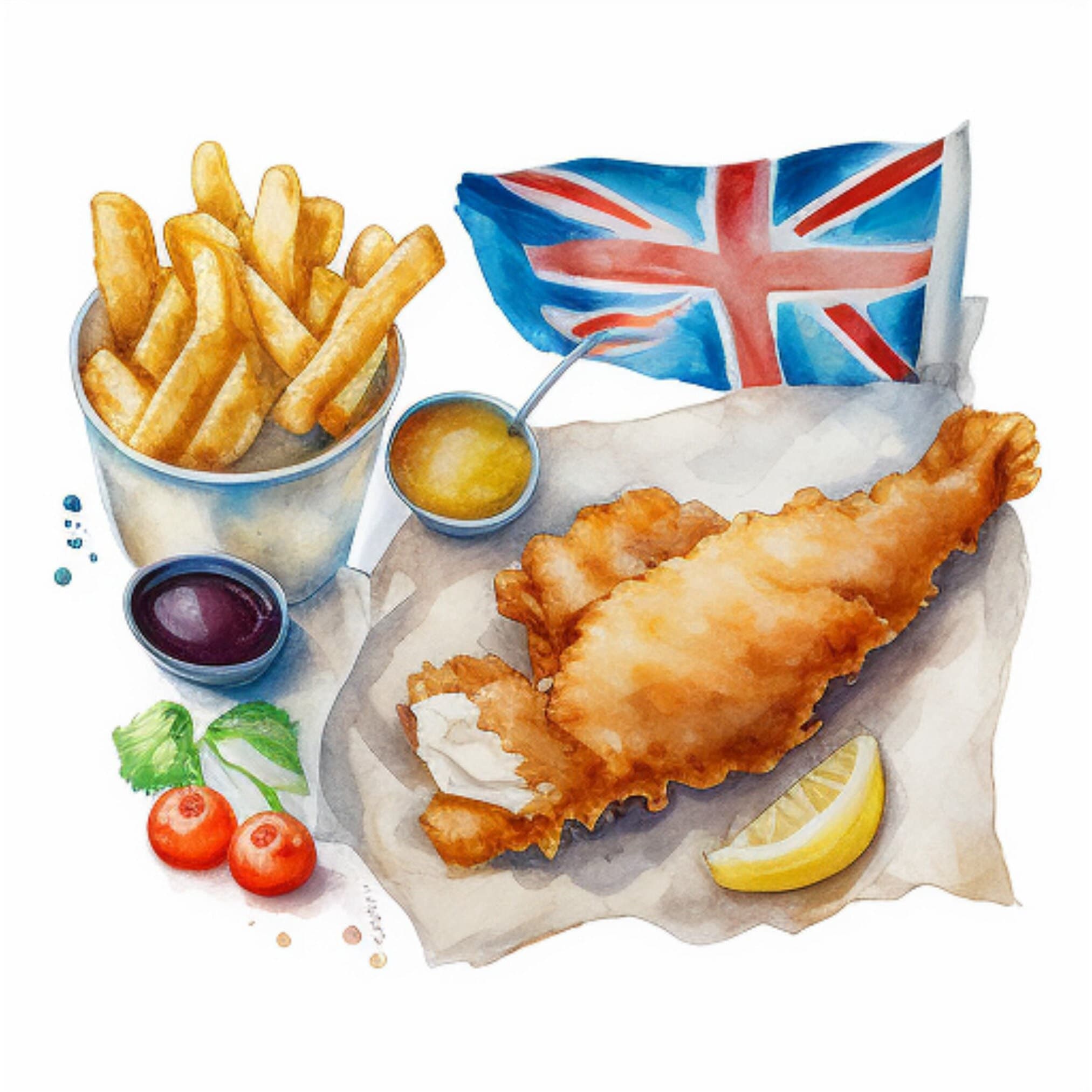 Fish and Chips Watercolor PNG Clipart English Food Portrait - Etsy