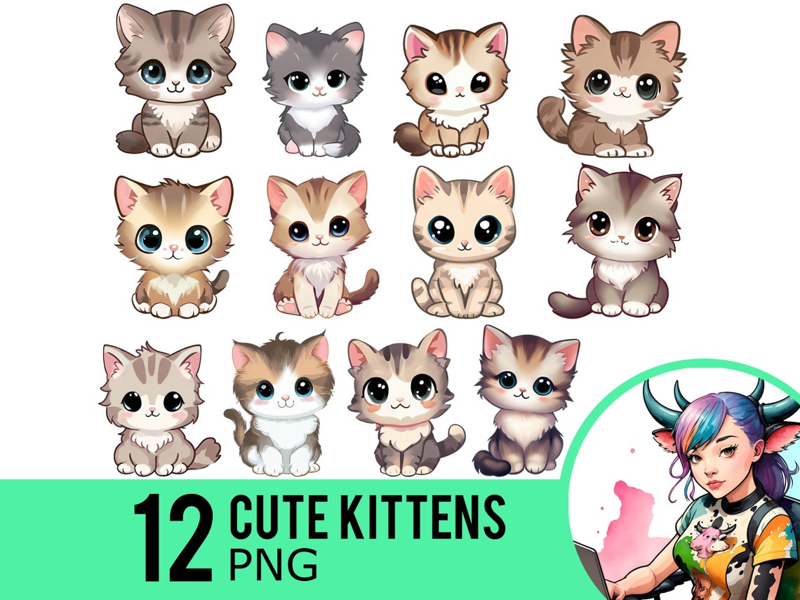 Cute Kitten Clipart PNG Kawaii Cat Clip Art Anime Cats - Etsy