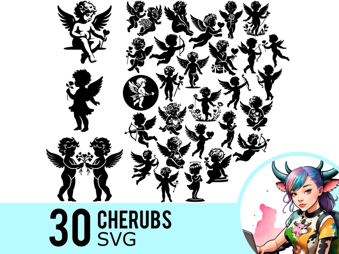 Cherub SVG Clipart: Cupid Silhouette, Angel Cut Files (30 Bundle ...
