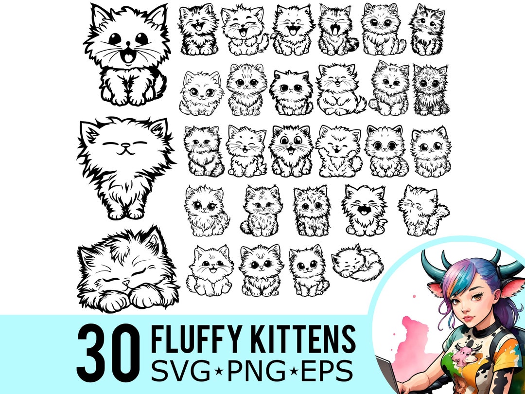 Fluffy Kitten SVG PNG EPS Clipart, Cute Kittens Silhouette, Baby Cat ...