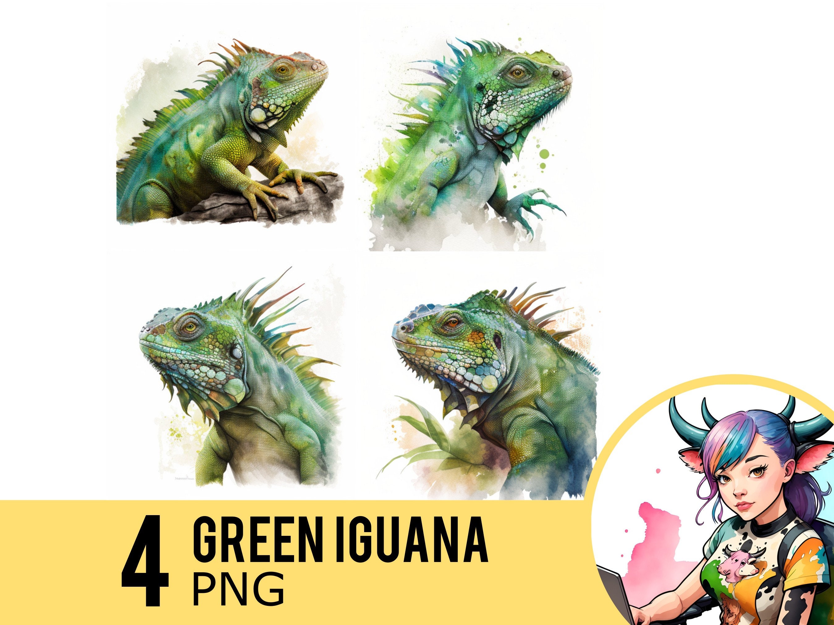 Green Iguana Watercolor PNG Clipart Lizard Portrait PNG - Etsy