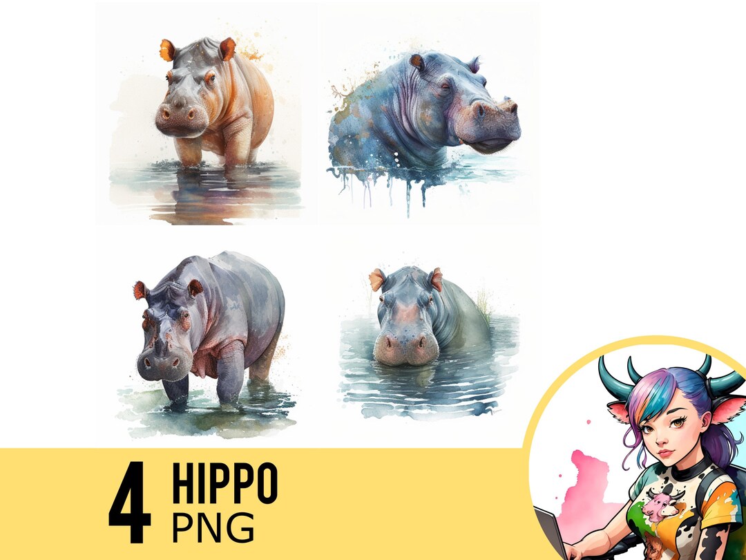 Hippo Watercolor PNG Clipart, Hippo Portrait PNG Watercolour, Instant ...