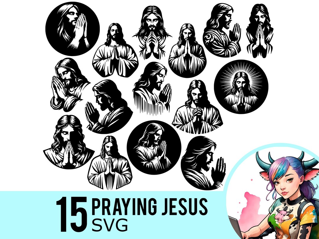 Praying Jesus SVG Clipart: Catholic Silhouette Template (15 Bundle ...