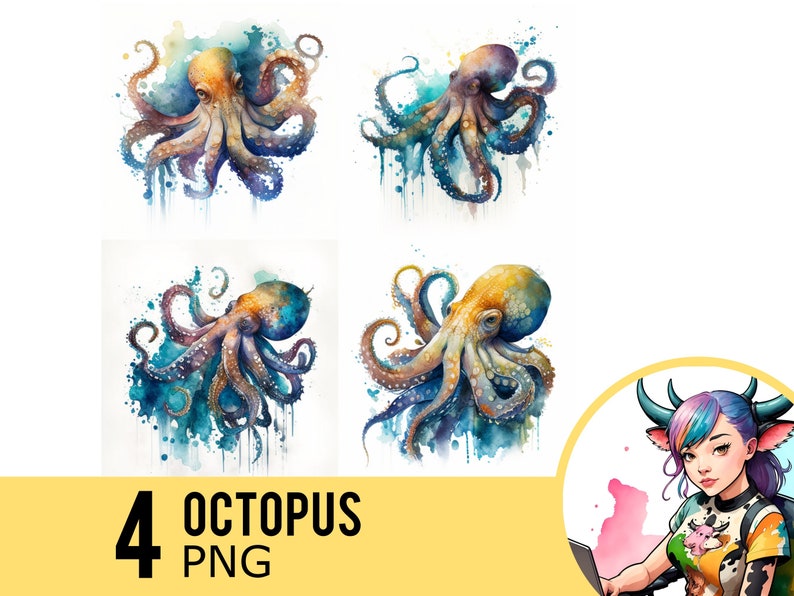 Octopus Watercolor PNG Clipart Octopoda Portrait PNG - Etsy