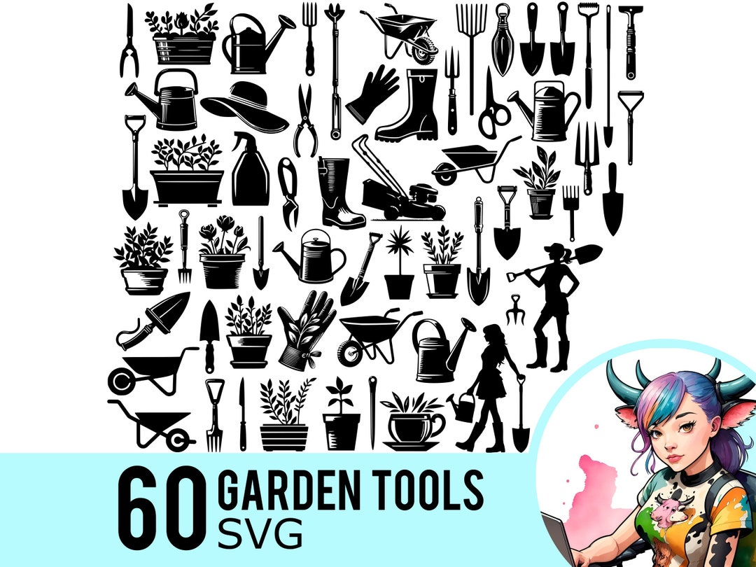 Garden Tools SVG Clipart, Gardening Silhouette, Gardener Template ...