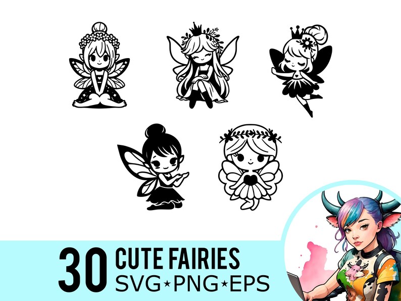 Cute Fairy SVG PNG EPS Clipart, Cartoon Fairies Silhouette, Fantasy ...