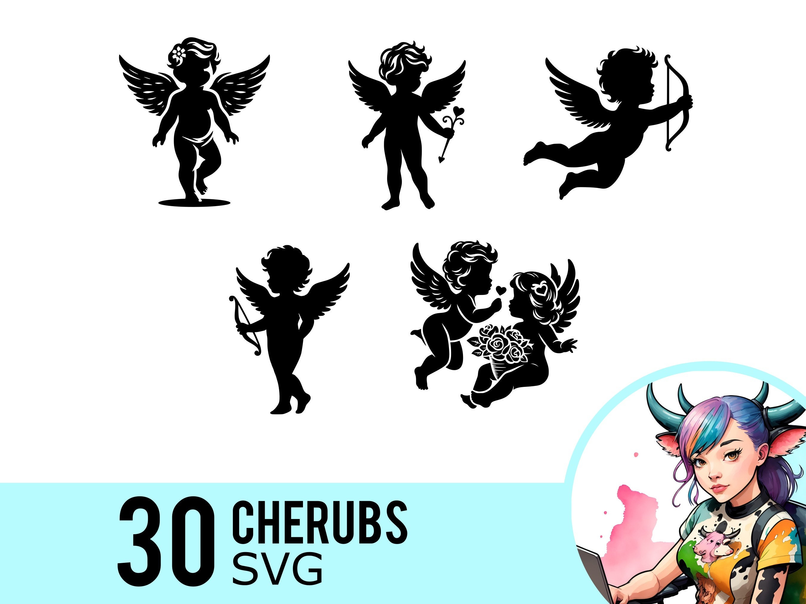 Cherub SVG Clipart: Cupid Silhouette, Angel Cut Files (30 Bundle ...
