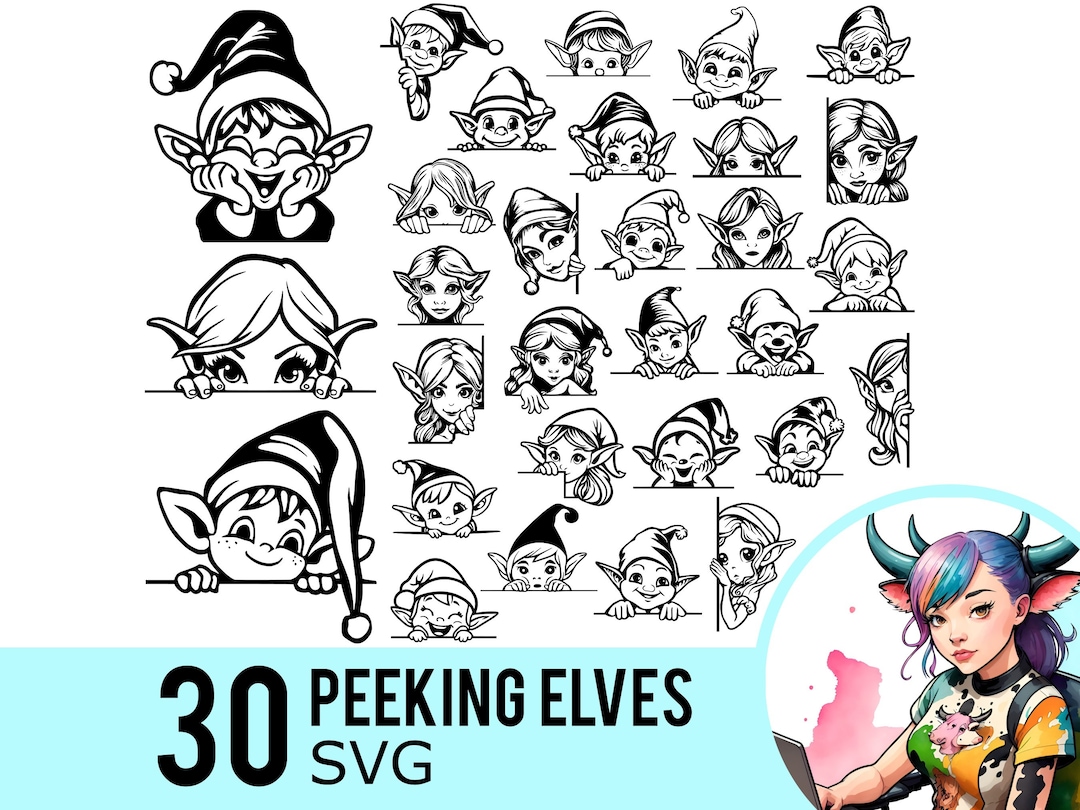 Peeking Elf SVG Clipart, Christmas Elves Silhouette, Holiday Elfs Face ...