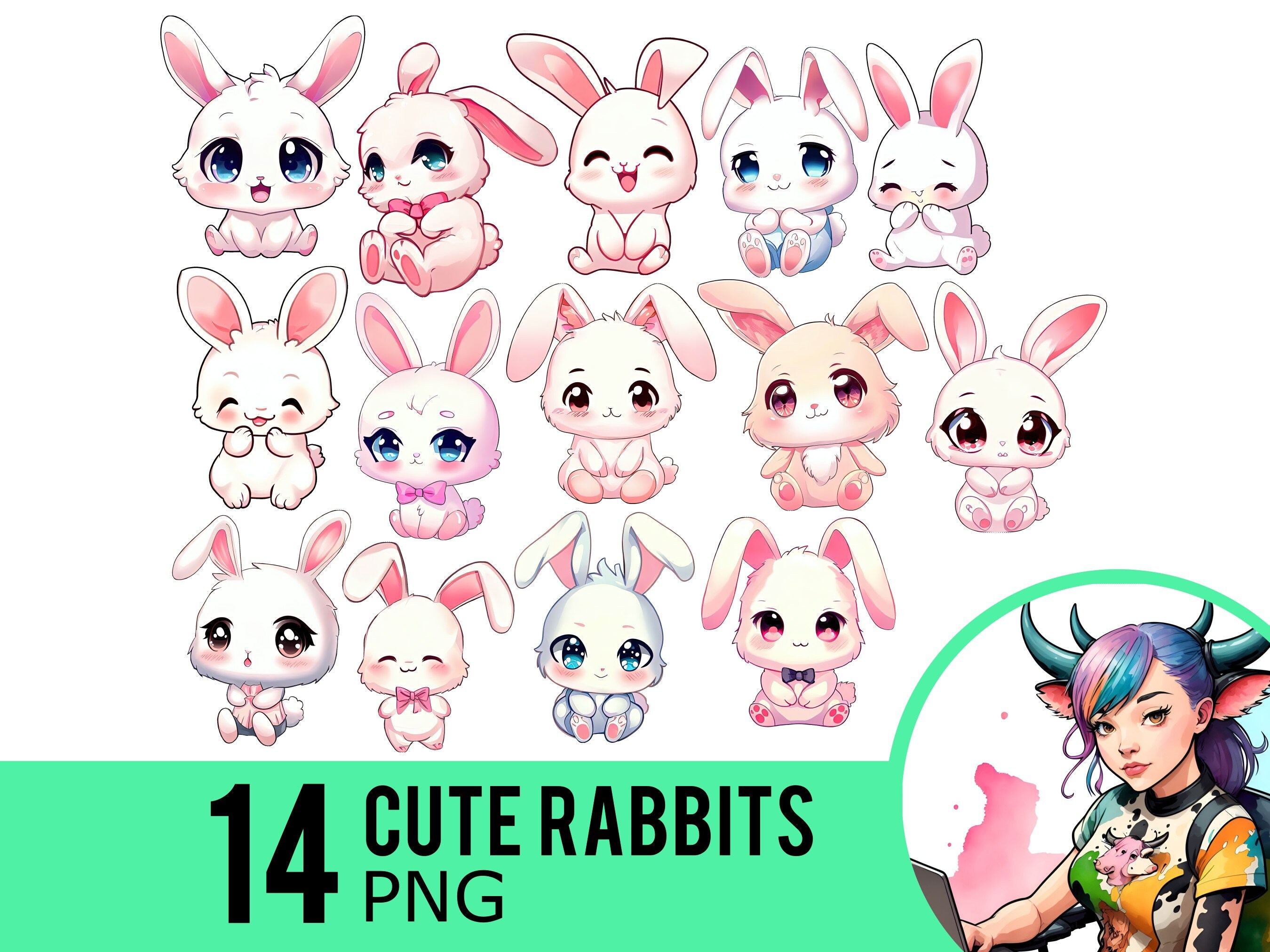 Cute Rabbit Clipart PNG Kawaii Bunny Clip Art Anime Bunnies - Etsy