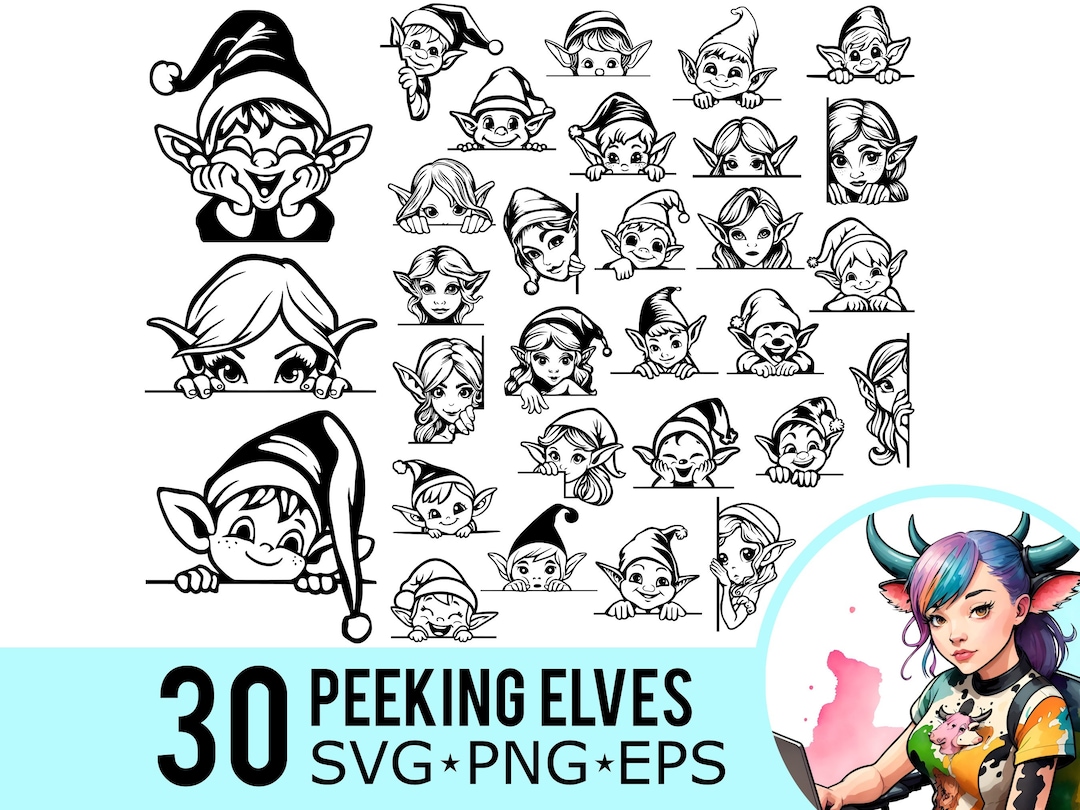 Peeking Elf Silhouette: 30 Christmas Elves Cut Files (SVG, PNG, EPS ...