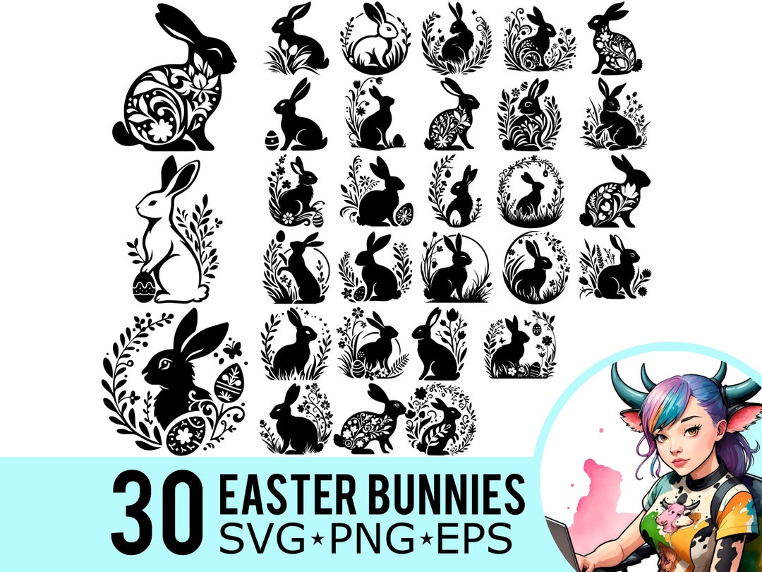 Easter Rabbit SVG PNG EPS Clipart, Floral Bunny Silhouette, Flower ...
