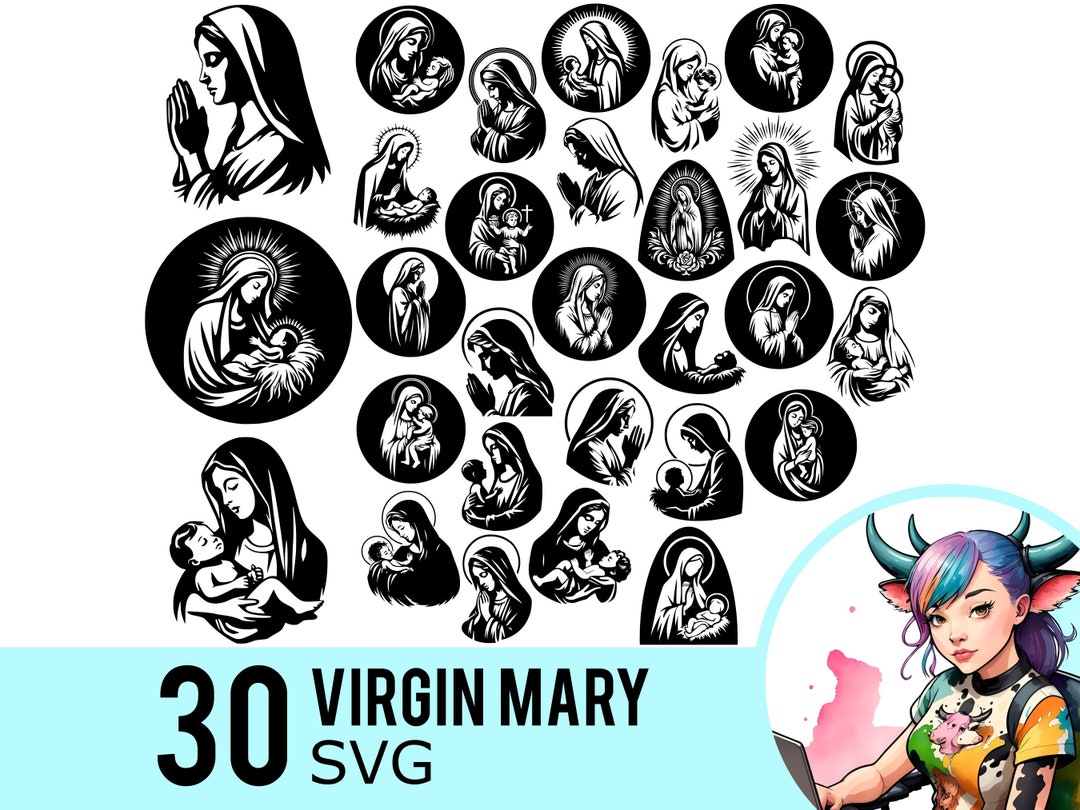 Virgin Mary SVG Clipart, Praying Mother Mary Silhouette, Baby Jesus ...