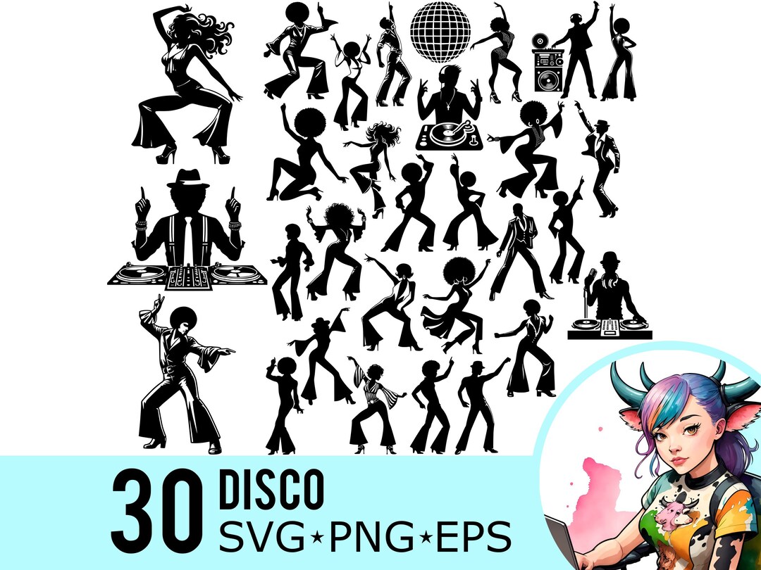 Disco SVG PNG Eps Clipart, Seventies DJ Party Silhouette, 70s Dancer ...