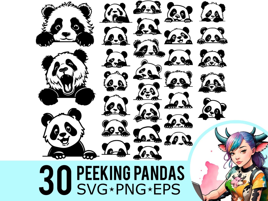 Peeking Panda SVG PNG EPS Clipart, Cute Pandas Silhouette, Kawaii Face ...