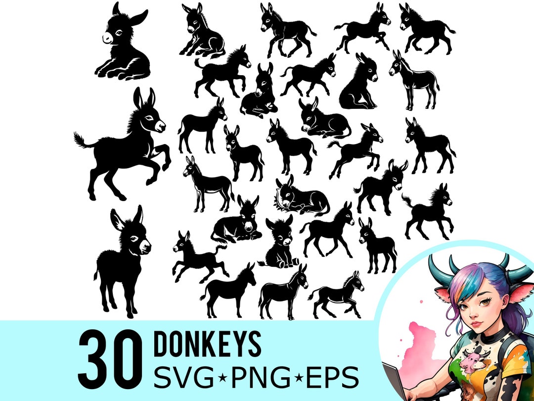 Donkey SVG PNG EPS Clipart, Donkeys Silhouette, Baby Mule Template ...