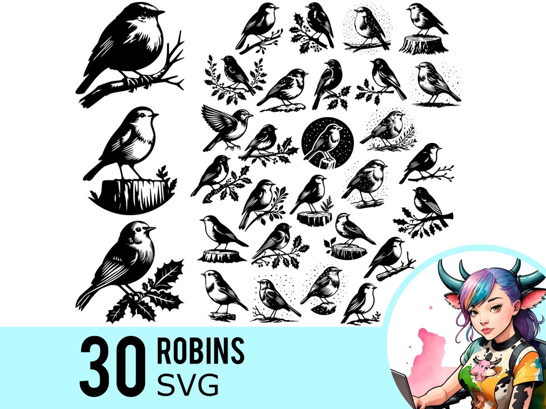 Robin SVG Clipart, Birds Silhouette, Christmas Holly Branch Template ...