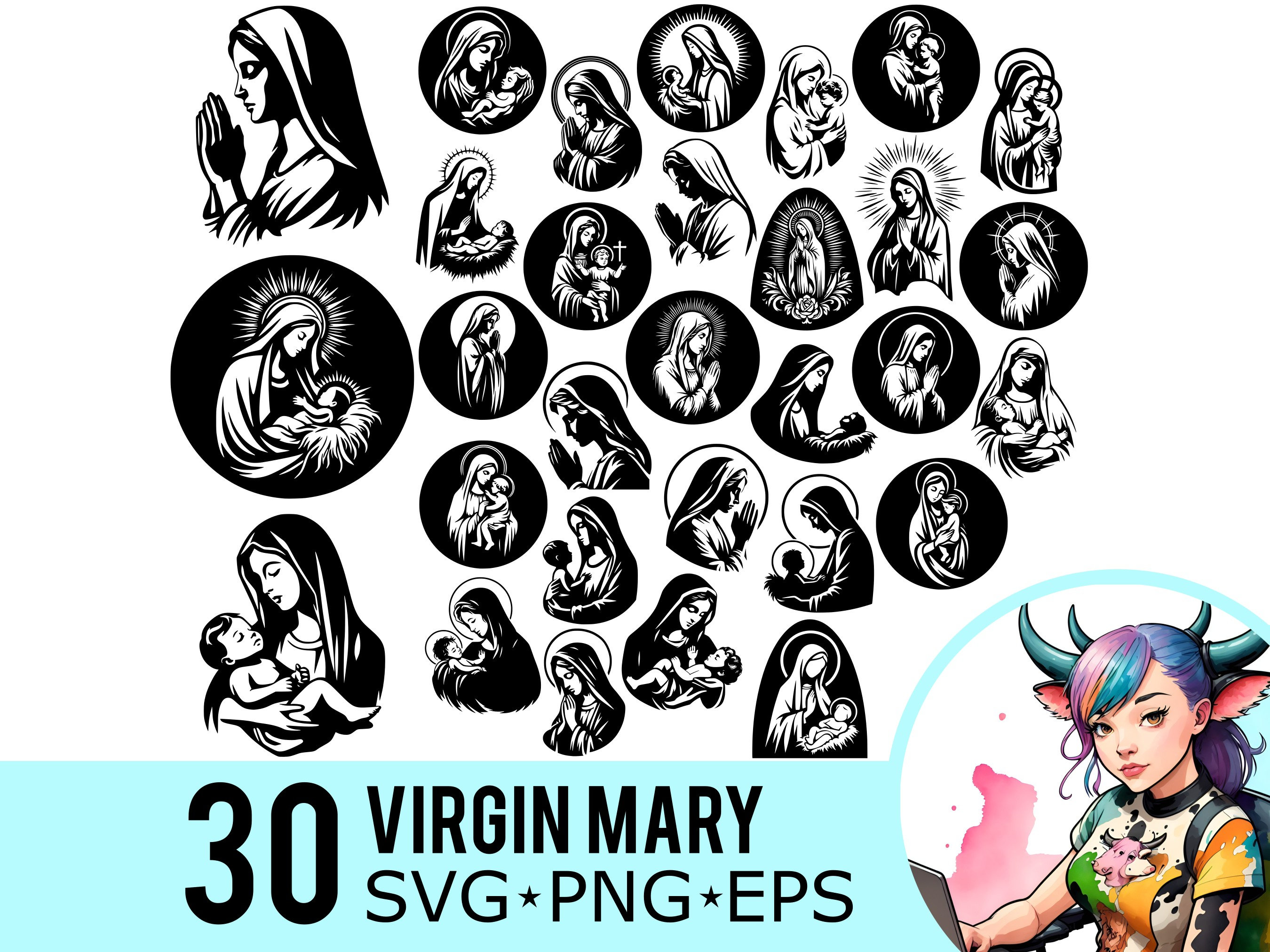 Virgen María SVG PNG EPS Clipart, Silueta de la Madre María orante ...