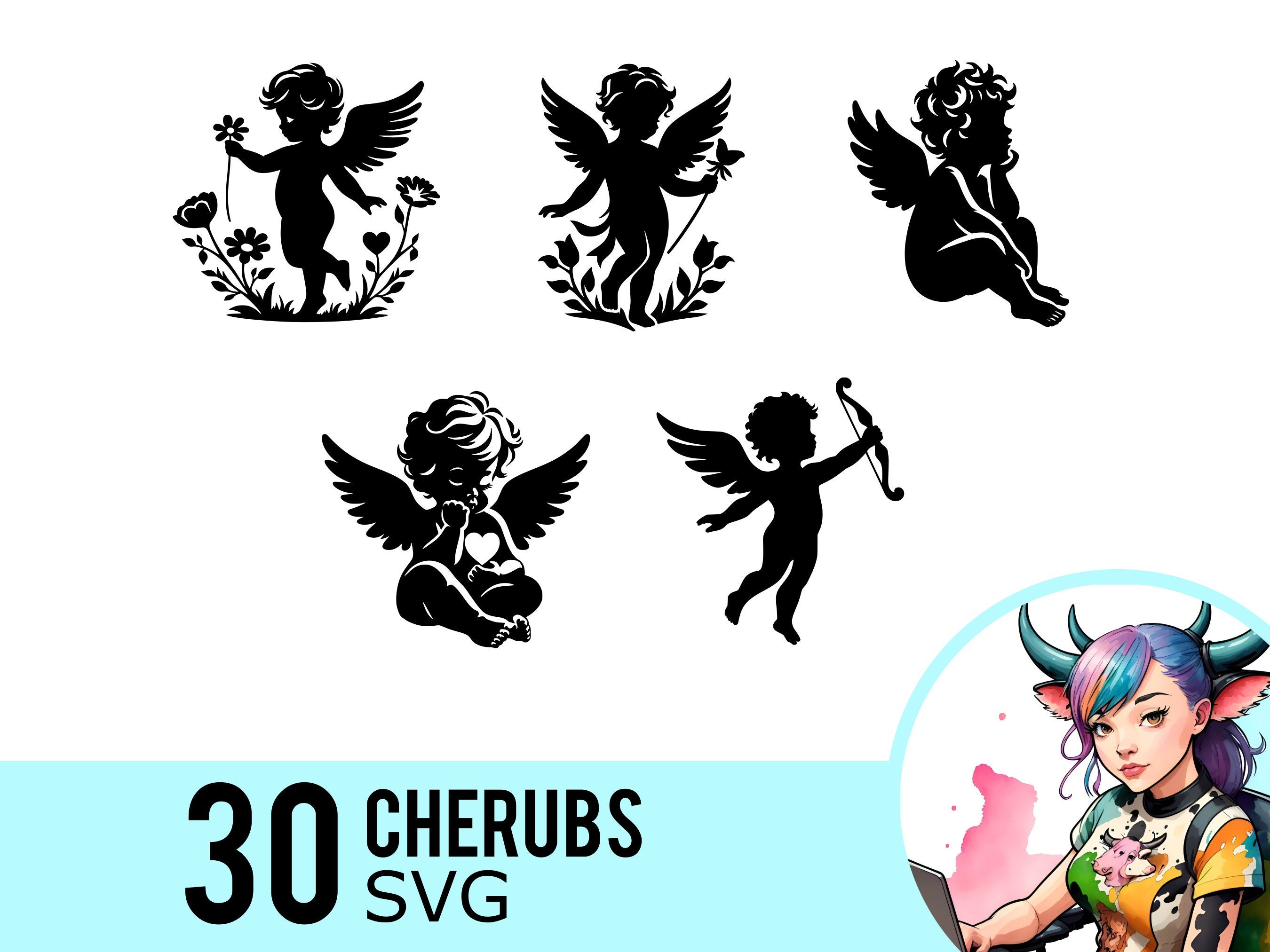 Cherub SVG Clipart: Cupid Silhouette, Angel Cut Files (30 Bundle ...