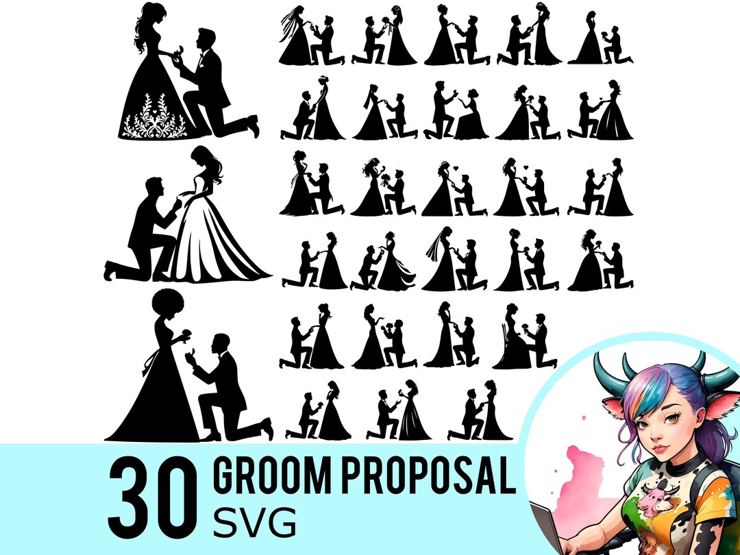 Groom Proposal SVG Clipart, Wedding Proposals Silhouette, Bride ...