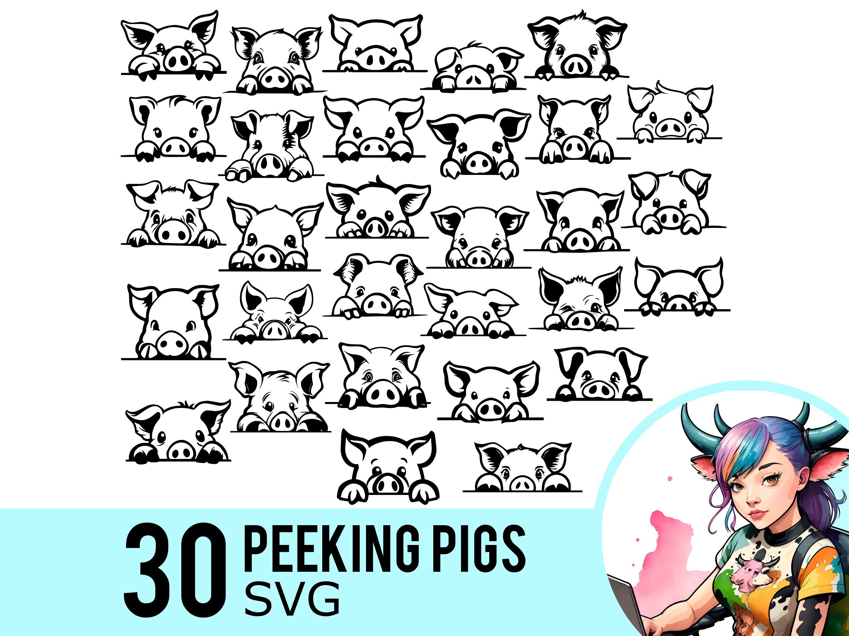 Peeking Pig SVG Clipart Piglet Face Silhouette Farm Animals - Etsy