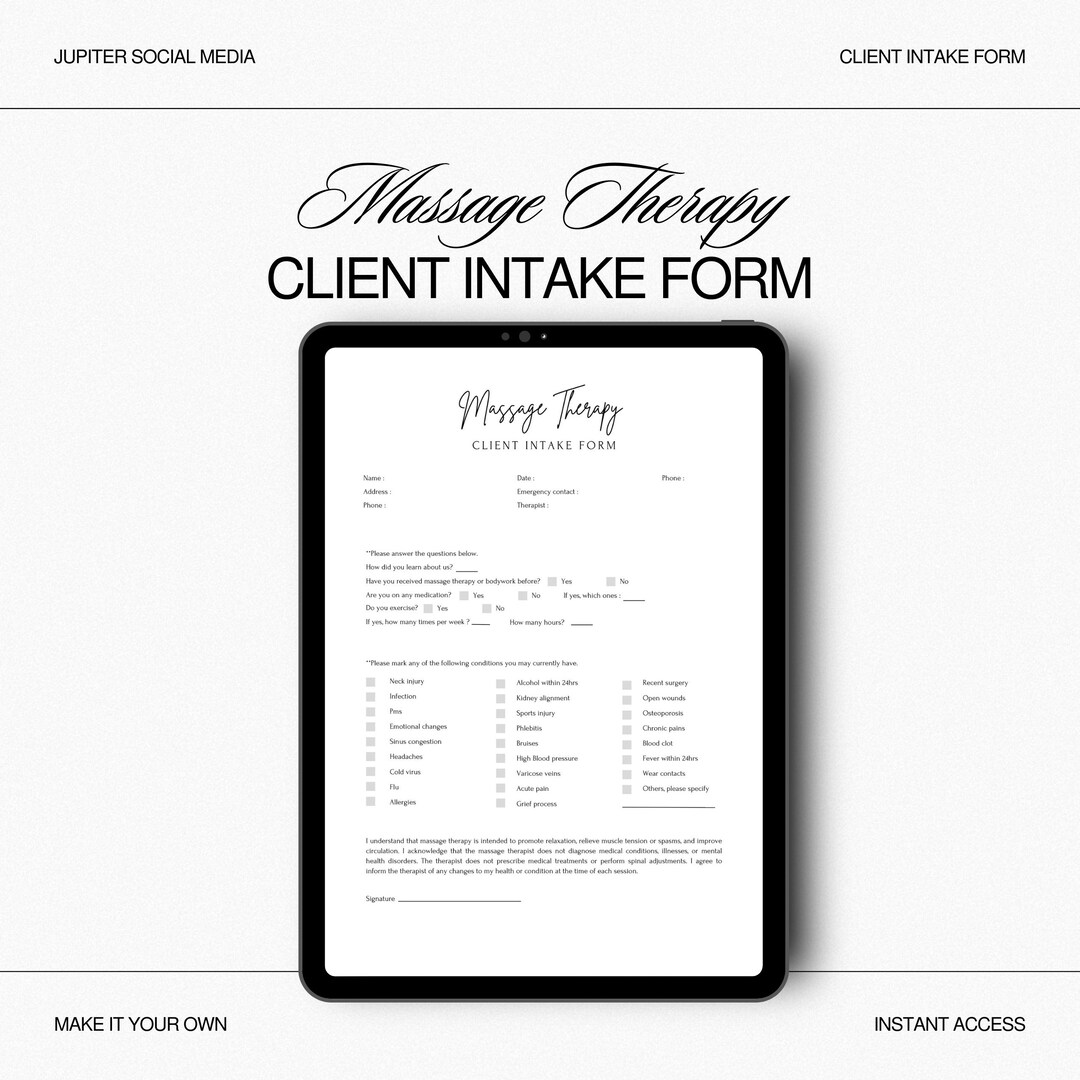 Editable Massage Therapy Client Intake Form – Printable & Customizable ...