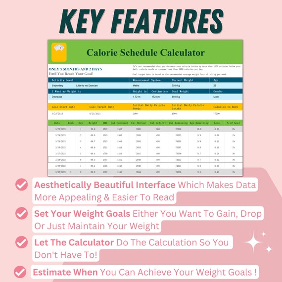 Calorie Schedule Calculator Excel Templates Set Your Weight Goals Easy to Use for Anyone Achieve Your Dream Body Etsy