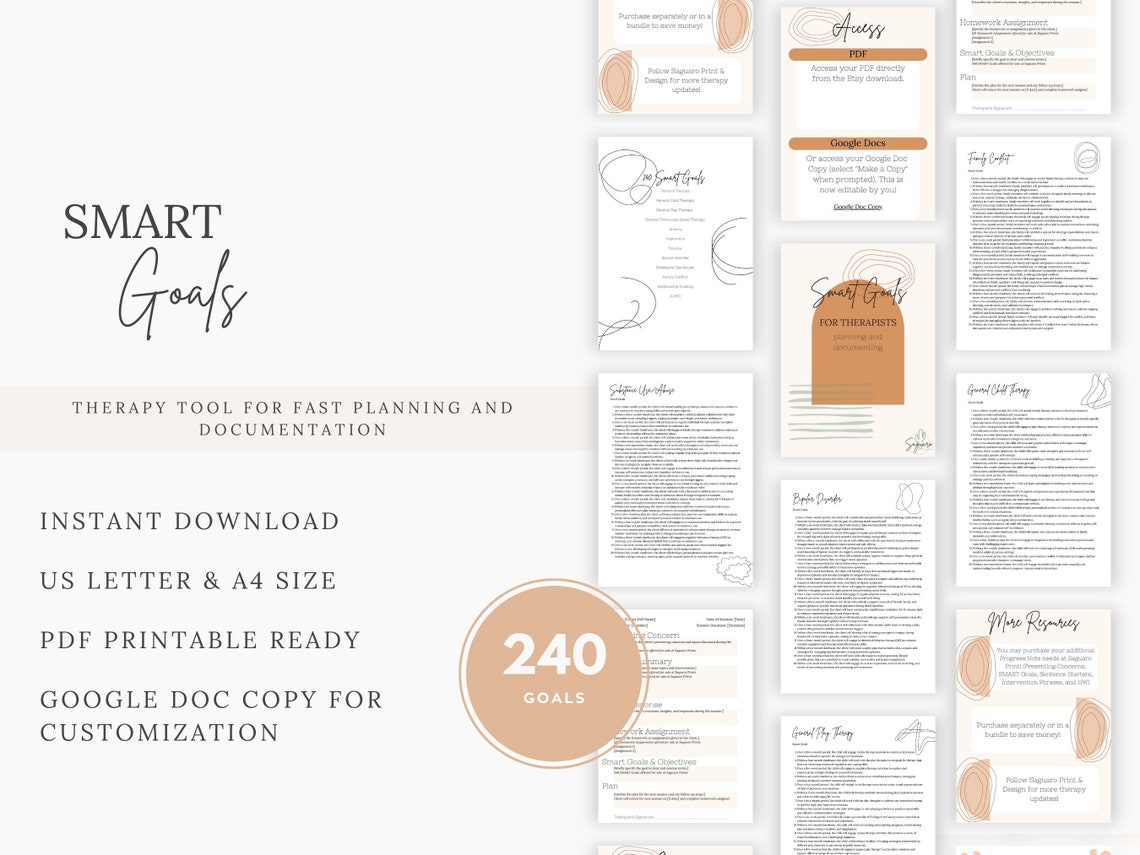 240 SMART Goals for Therapy Progress Notes: Cheat Sheet Template for ...