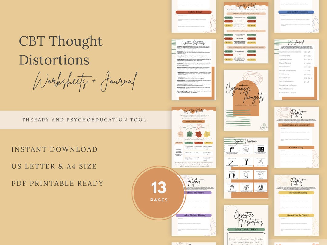 CBT Thought Distortions & Reflection Journal Worksheets | Challenge ...