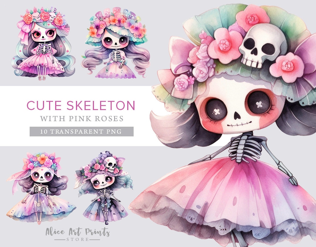 Kawaii Halloween Skeleton Watercolor Clipart, Cute Skeleton PNG ...