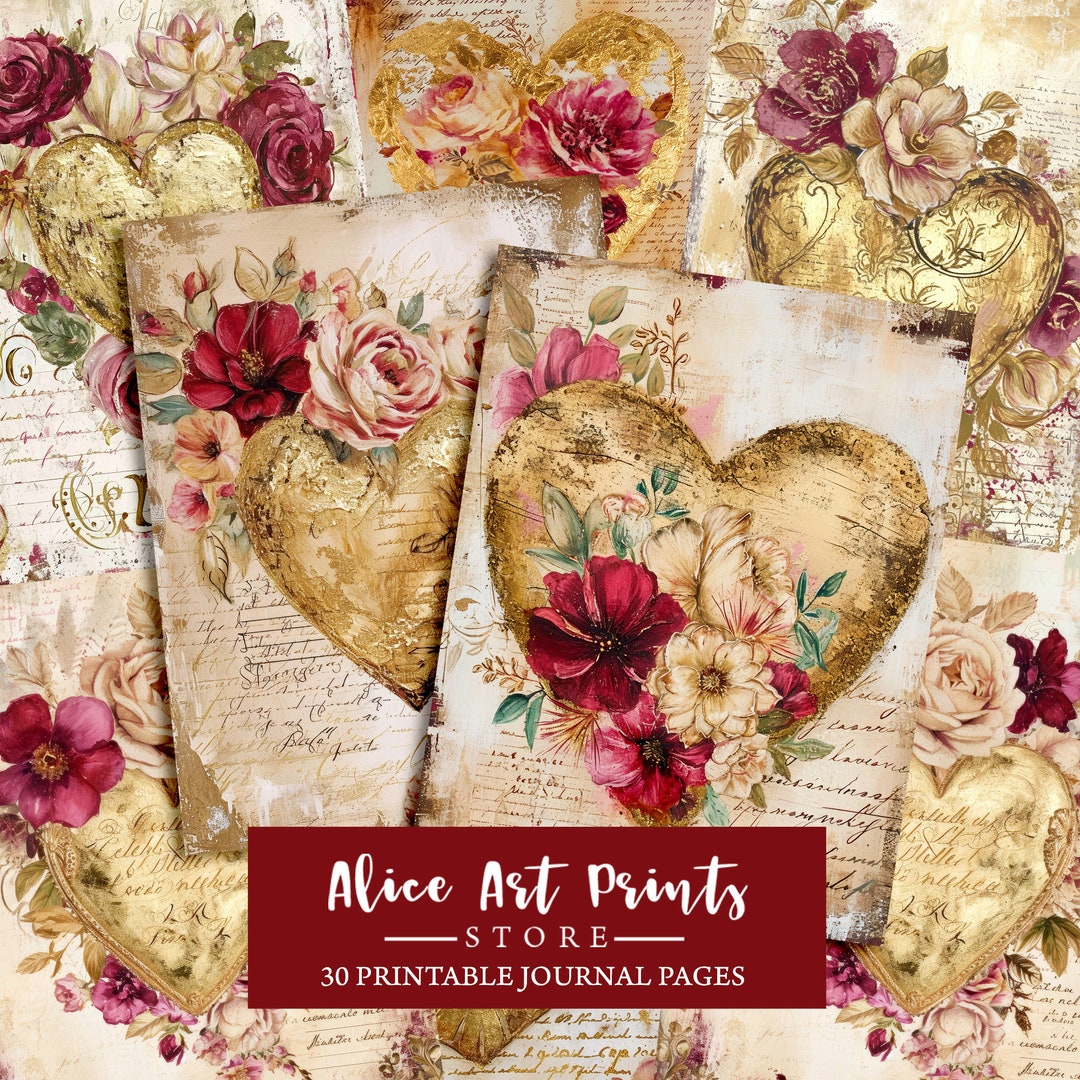 Gold Floral Hearts Junk Journal Pages, Valentine's Day Digital Paper ...