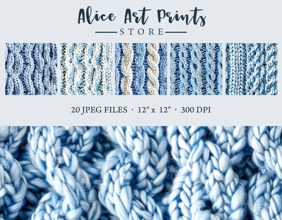 Printable Blue Knitted Textures, Digital Knitted Seamless Pattern, 20 ...