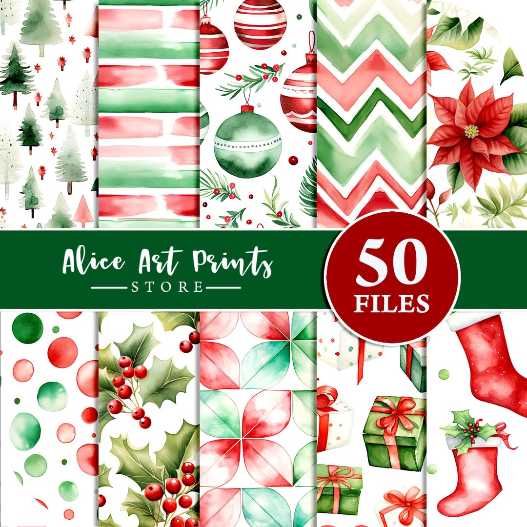 Watercolor Christmas Seamless Paper Pack, Holiday Digital Papers, Red ...