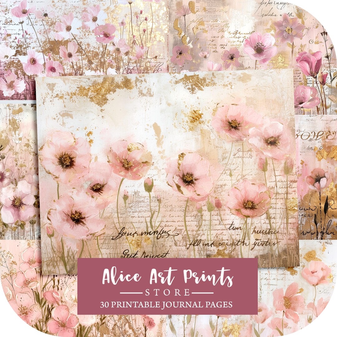 Field of Flowers Junk Journal Kit, Blush Pink Floral Grunge Digital ...