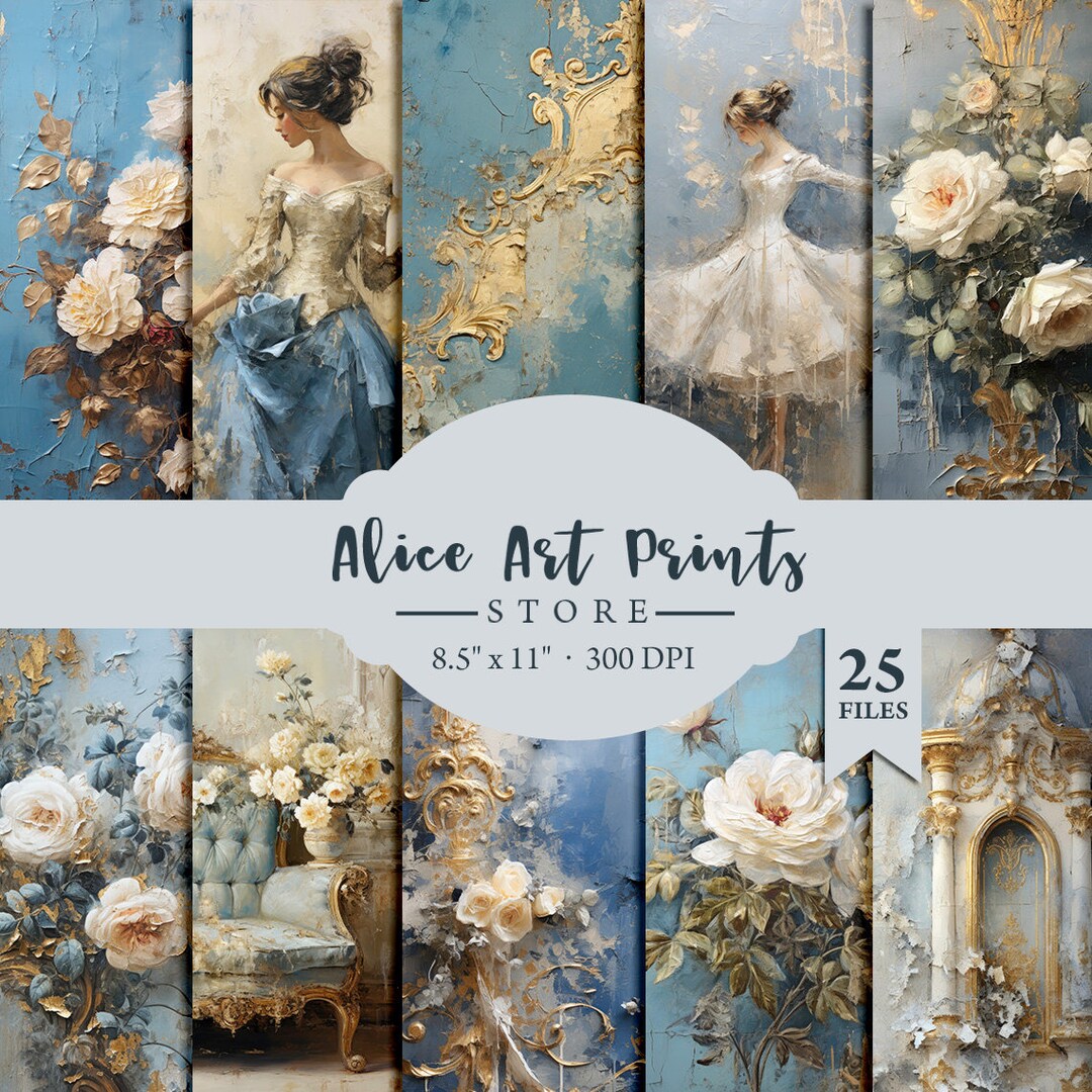 Tattered Blue & Gold Wall Printable, 25 Pink Printable Junk Journal ...