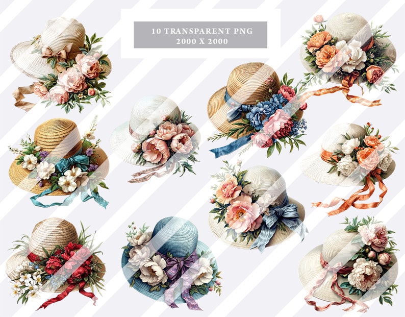 Floral Straw Hat Watercolor Clipart, Vintage Easter Bonnets PNG Clip ...
