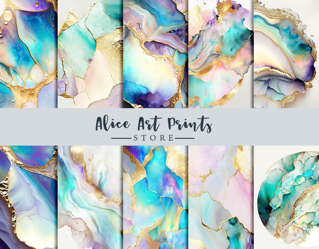 Artistic Alcohol Ink Digital Paper, Watercolor Opal Gilded Texture ...