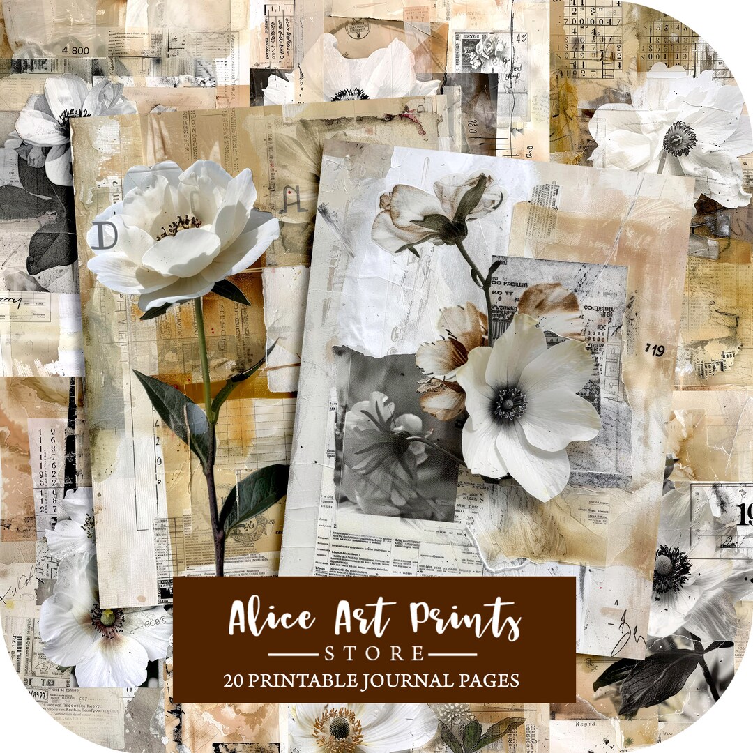 Monochrome Flower Journal Pages, Printable Distressed Aged Paper ...