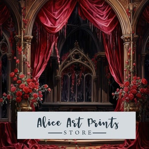 Gothic Theater Stage Watercolor Illustration Set, Vintage Gothic ...