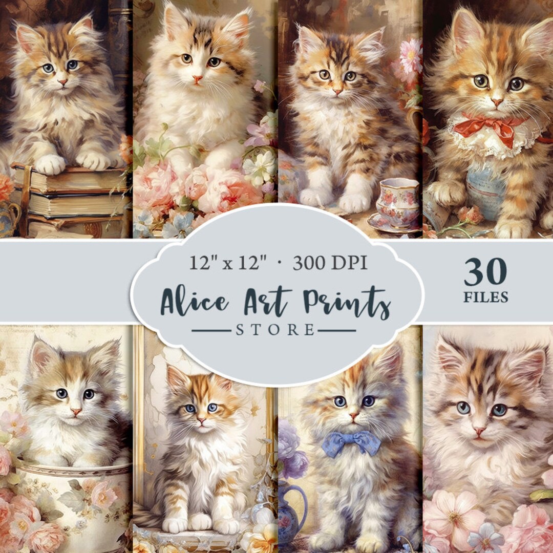Vintage Cute Cat and Flowers Watercolor Paper, Shabby Chic Scrapbook ...
