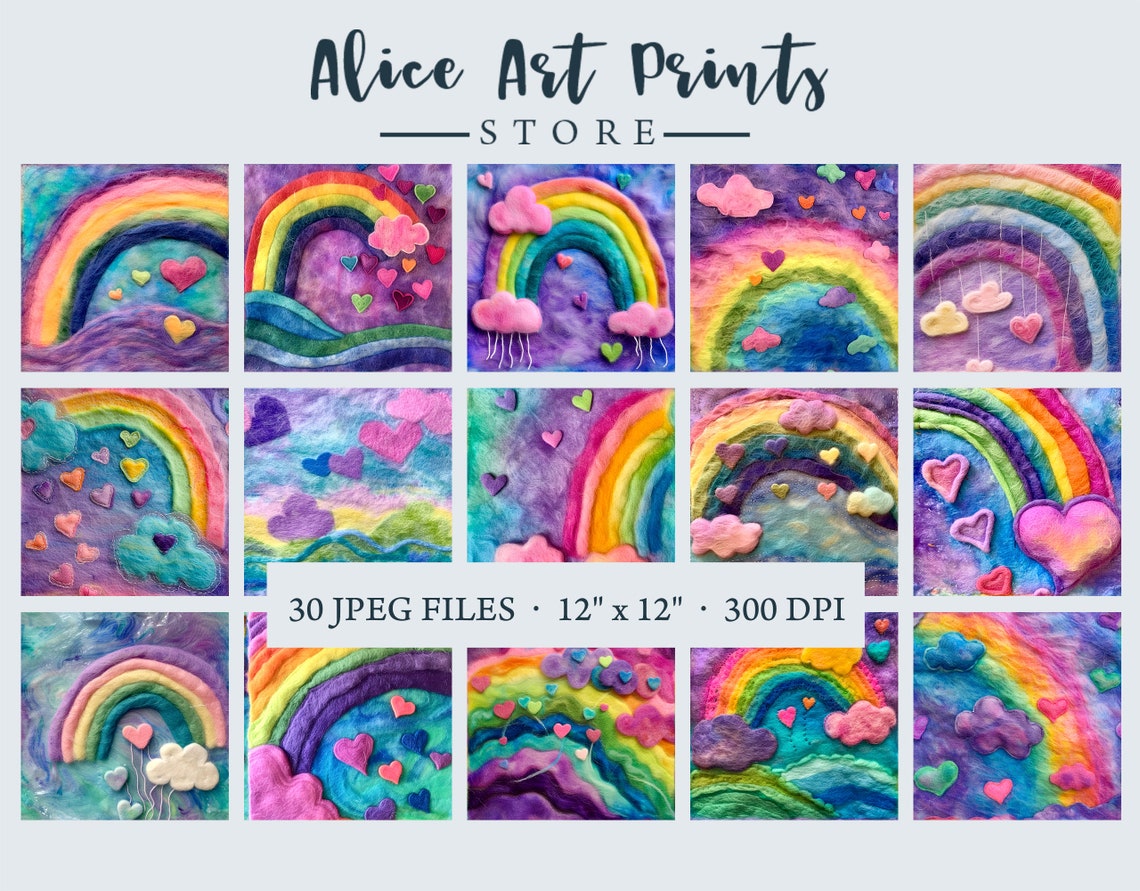 Rainbow Hearts Clouds Digital Paper, Rainbow Felt Art Seamless Pattern ...