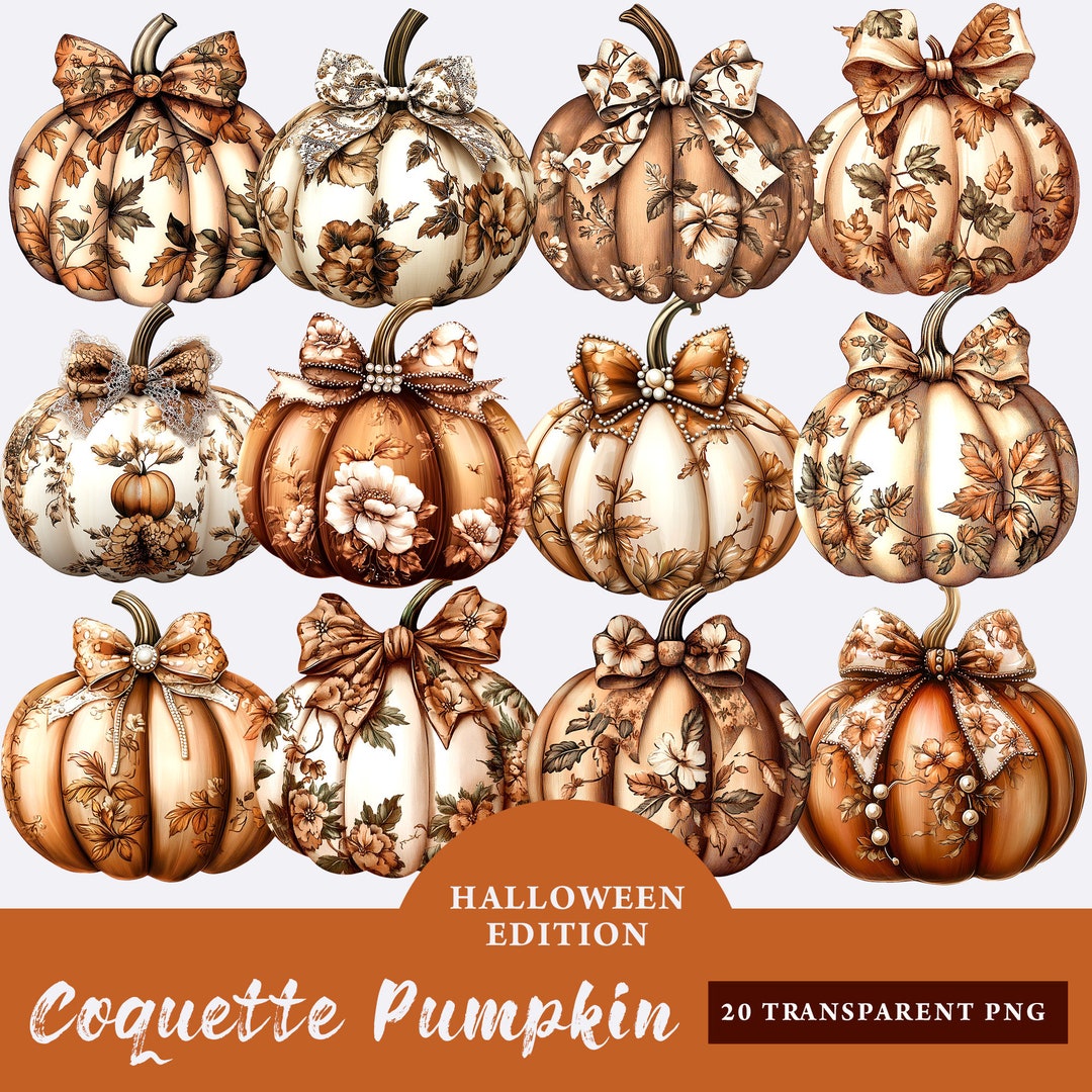 Coquette Pumpkin With Bow Clipart Bundle, Cute Coquette Pumpkin PNG ...