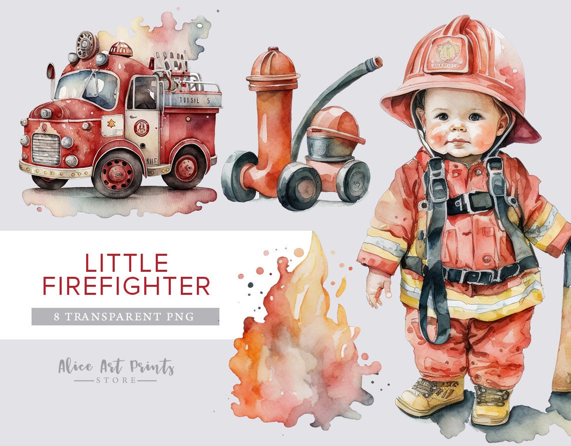 Watercolor Firefighter Clipart Firetruck PNG Kids Fireman - Etsy