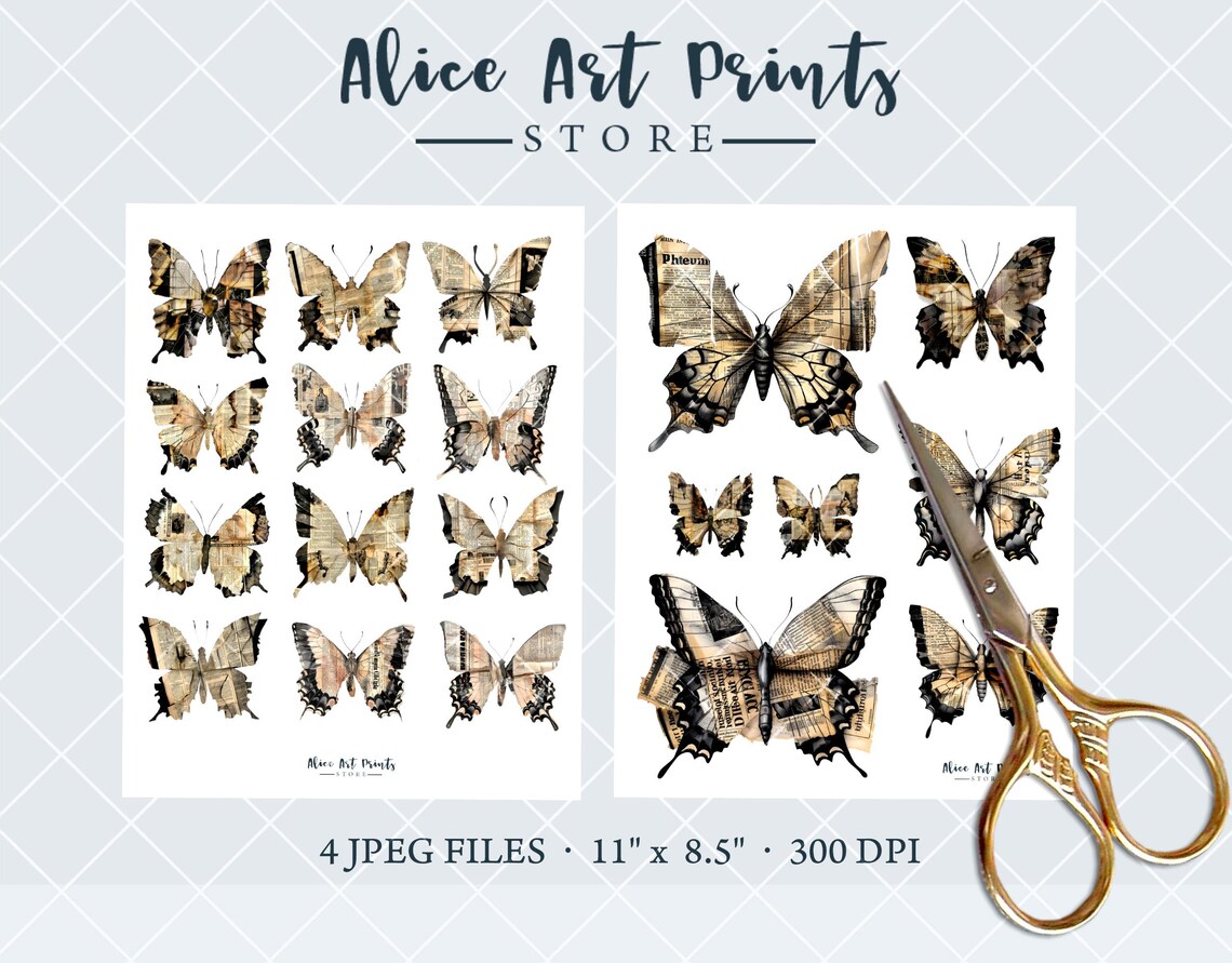 Vintage Paper Butterflies Fussy Cuts, Butterfly From Vintage Newspaper ...