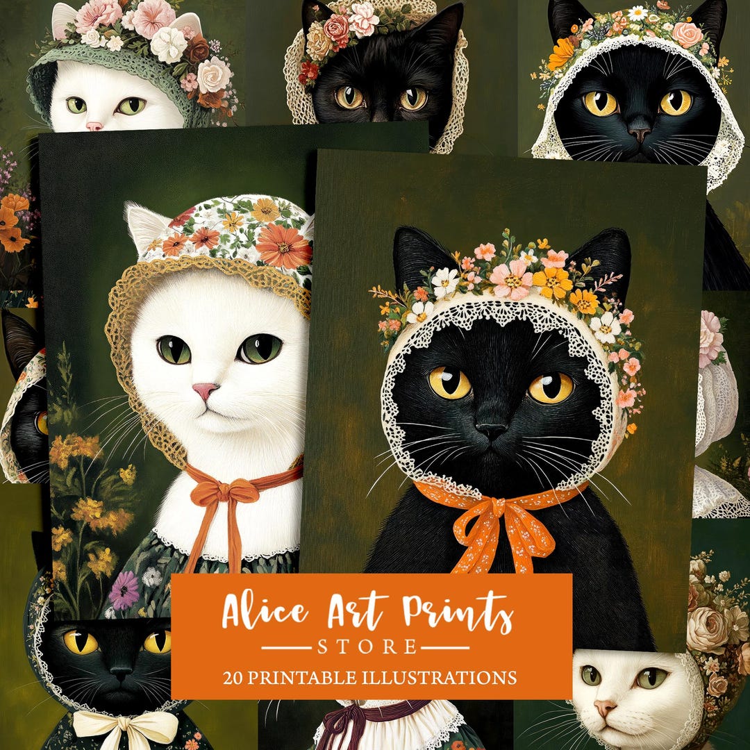 Cat in a Bonnet Digital Art Print, Cat Vintage Portrait, Pet Painting ...