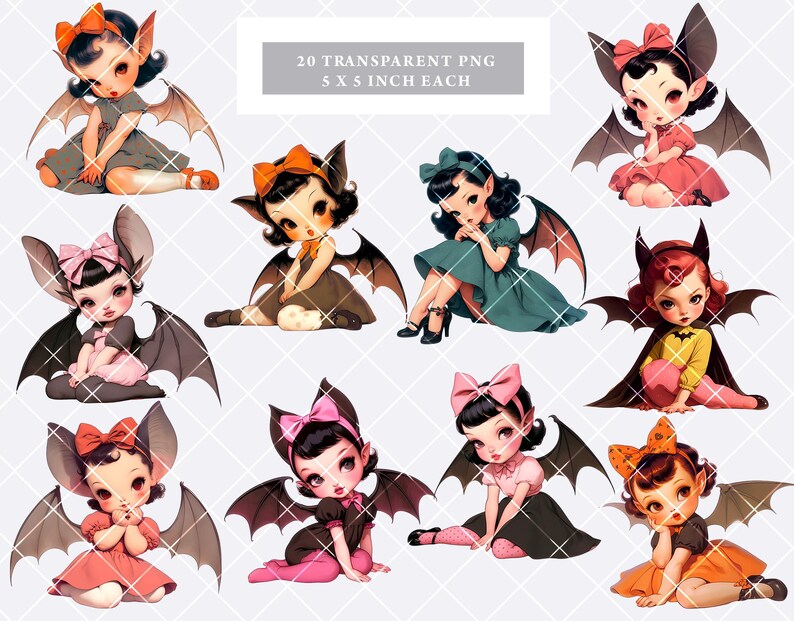 Retro Baby Batgirl Clipart Set, 20 Vintage Halloween Dolls PNG Clipart ...