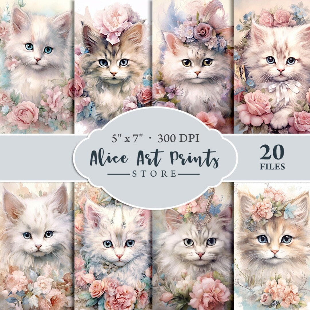 Watercolor Rococo Cats Junk Journal Cards, Fairytale Kitten Journaling ...